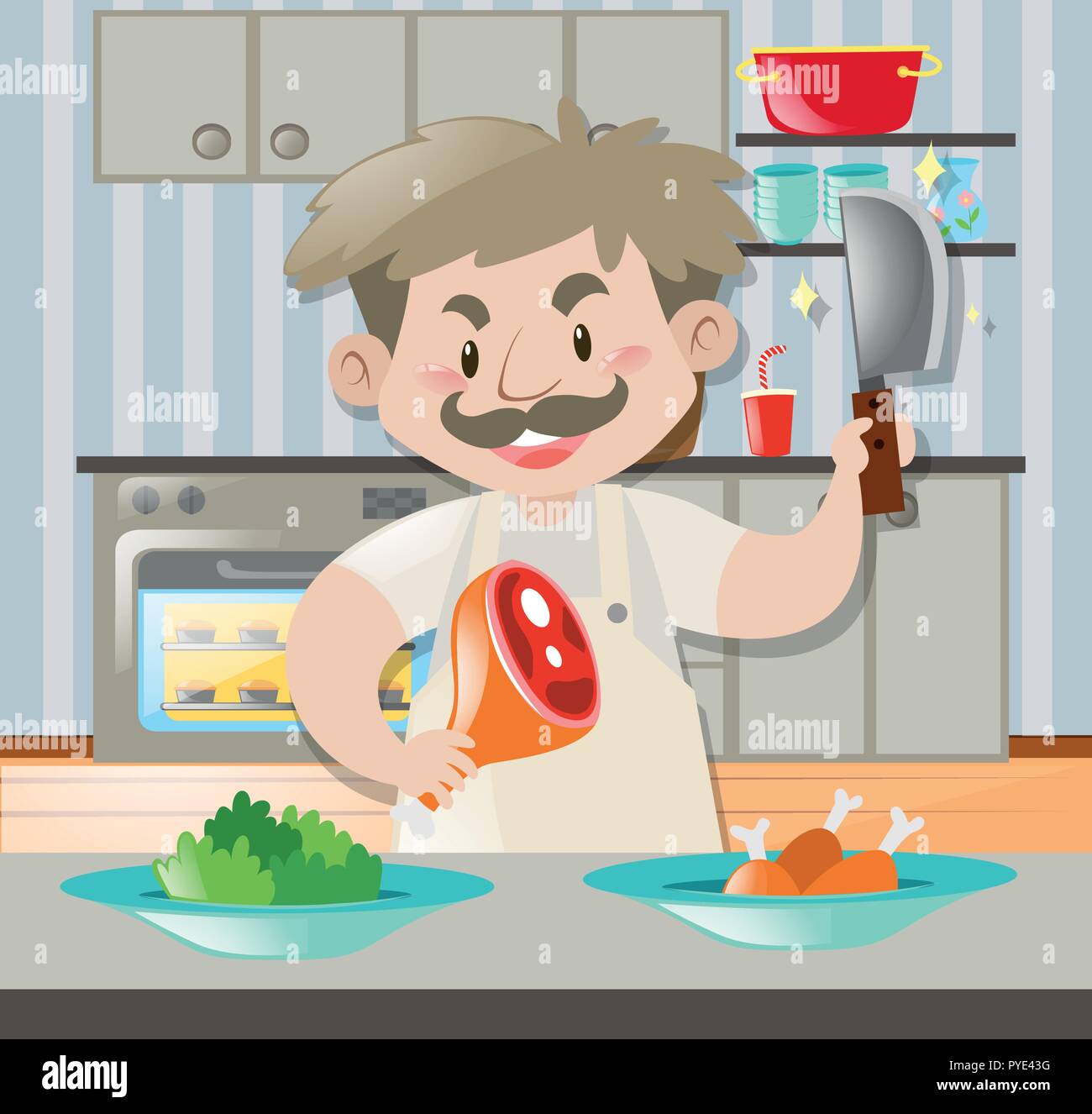 Chef with knife and pork leg in kitchen illustration Stock Vector Image ...