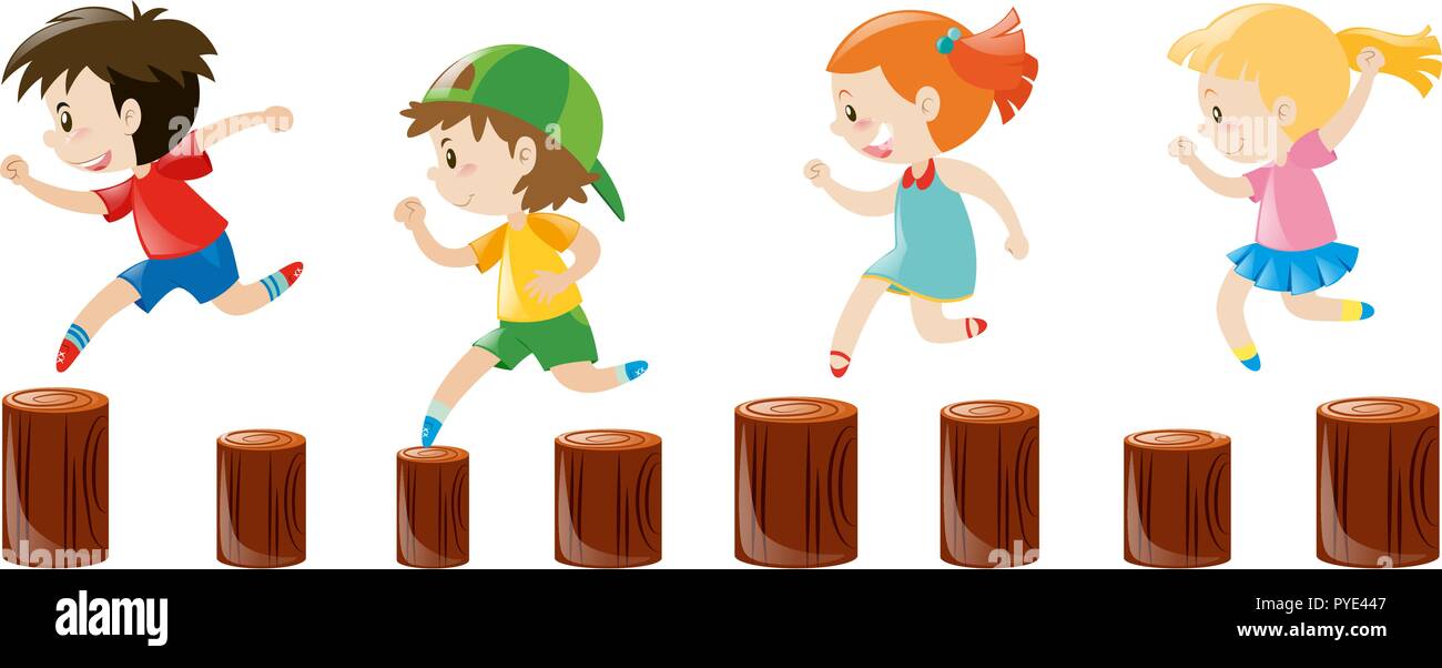 Four kids running on the logs illustration Stock Vector Image & Art - Alamy