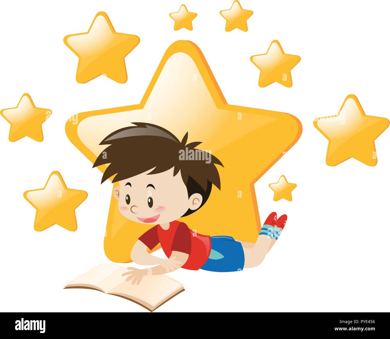 Boy reading book with stars background illustration Stock Vector Image ...