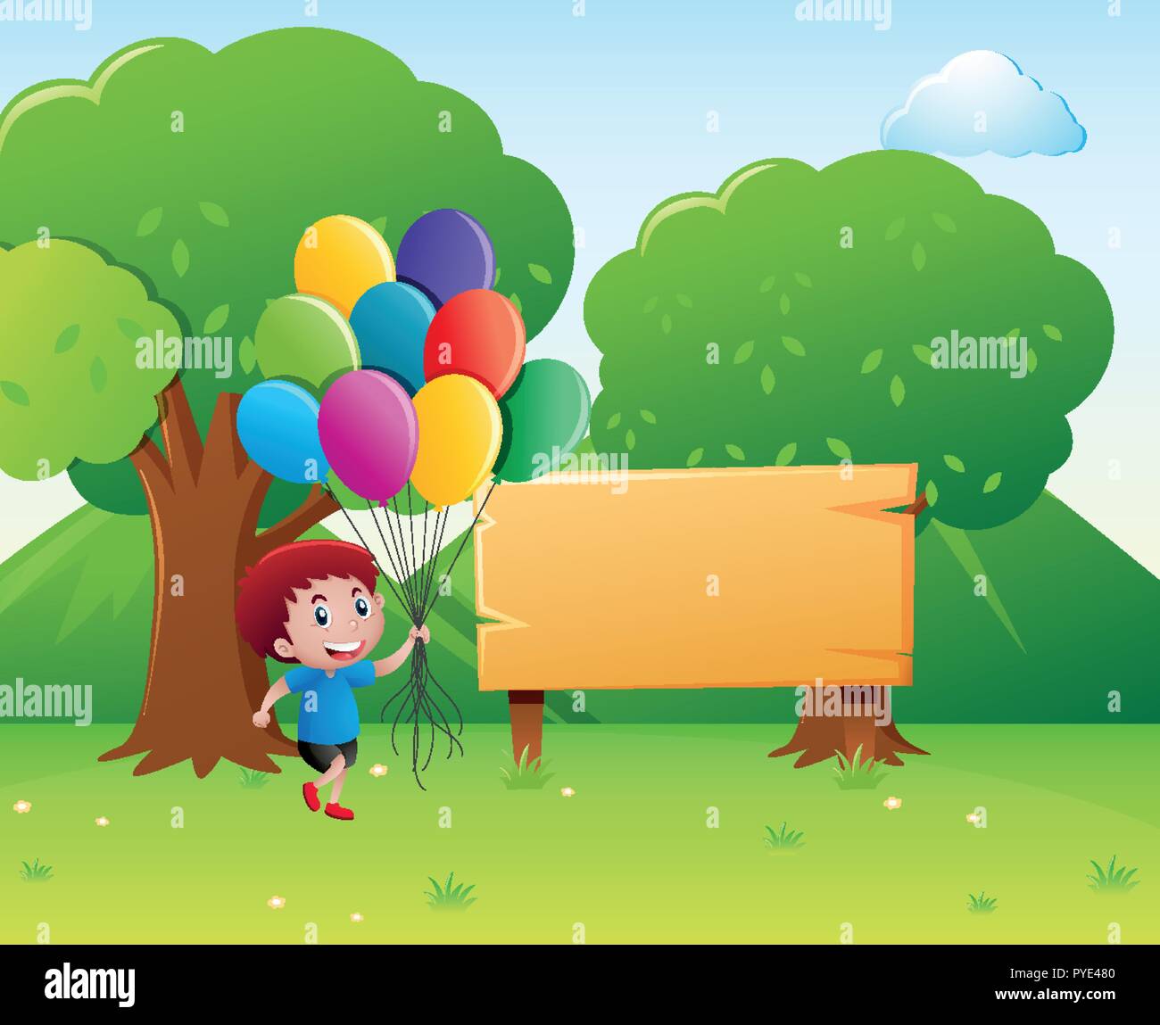 Little boy and wooden sign in the park illustration Stock Vector Image ...