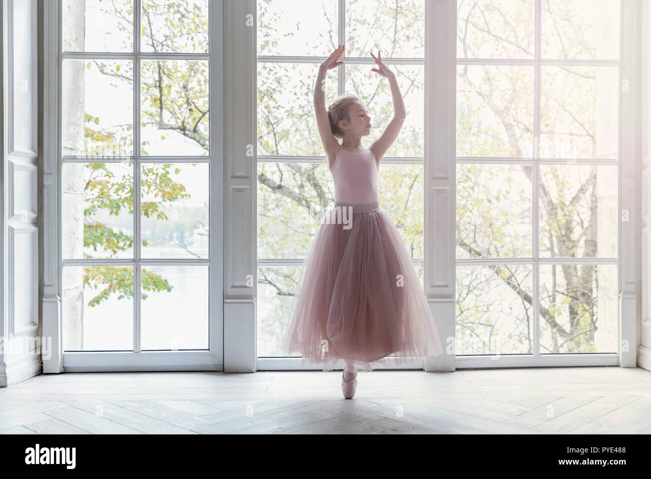 Young classical ballet dancer girl in dance class. Beautiful graceful ...