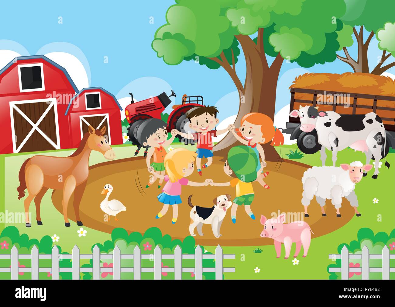 Farm scene with children playing illustration Stock Vector Image & Art ...