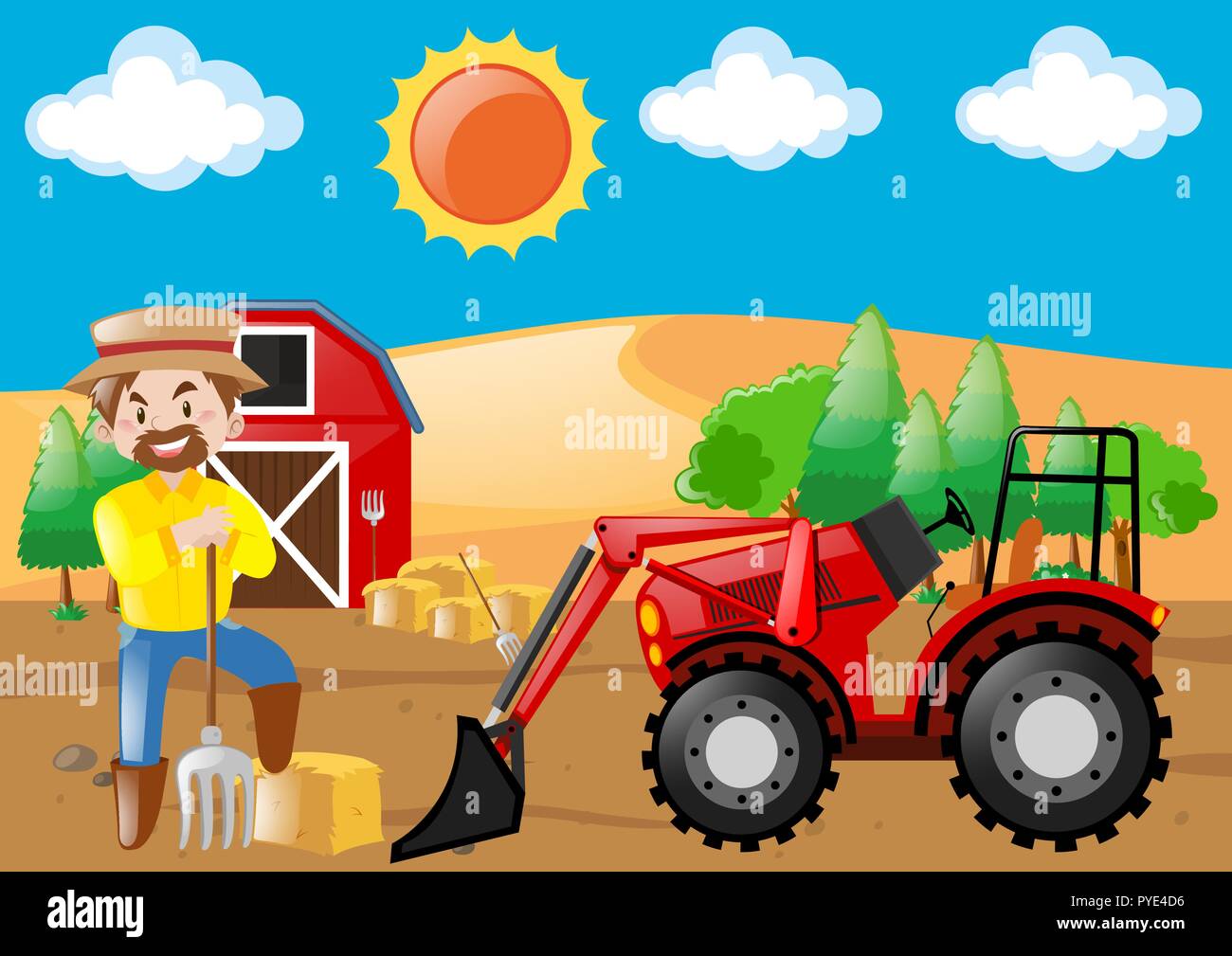 Farm scene with tractor and farmer illustration Stock Vector Image ...