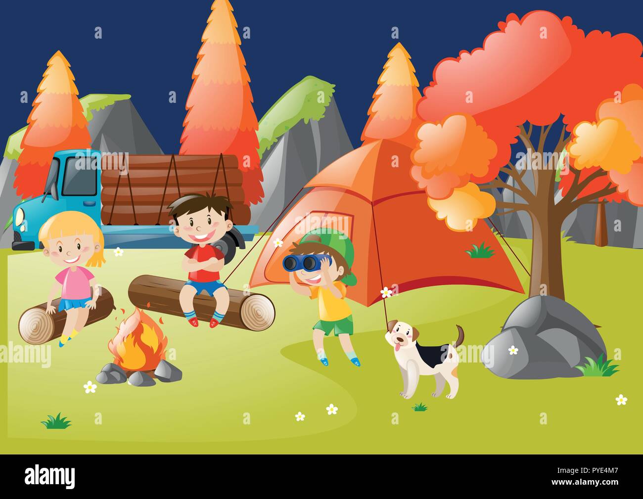 Many children camping out in the forest illustration Stock Vector Image ...