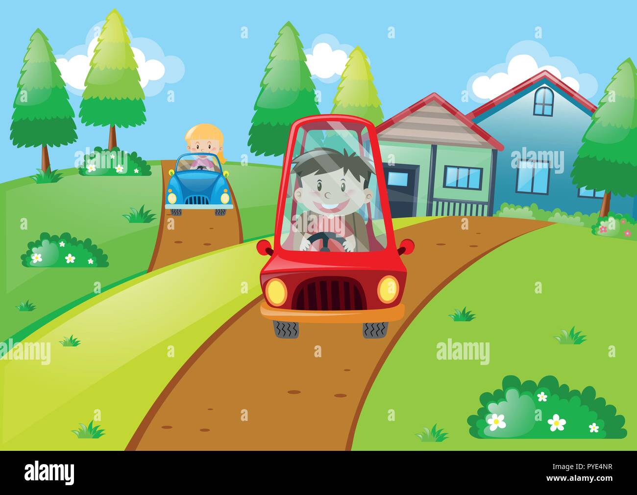 Children driving small cars on the road illustration Stock Vector Image ...