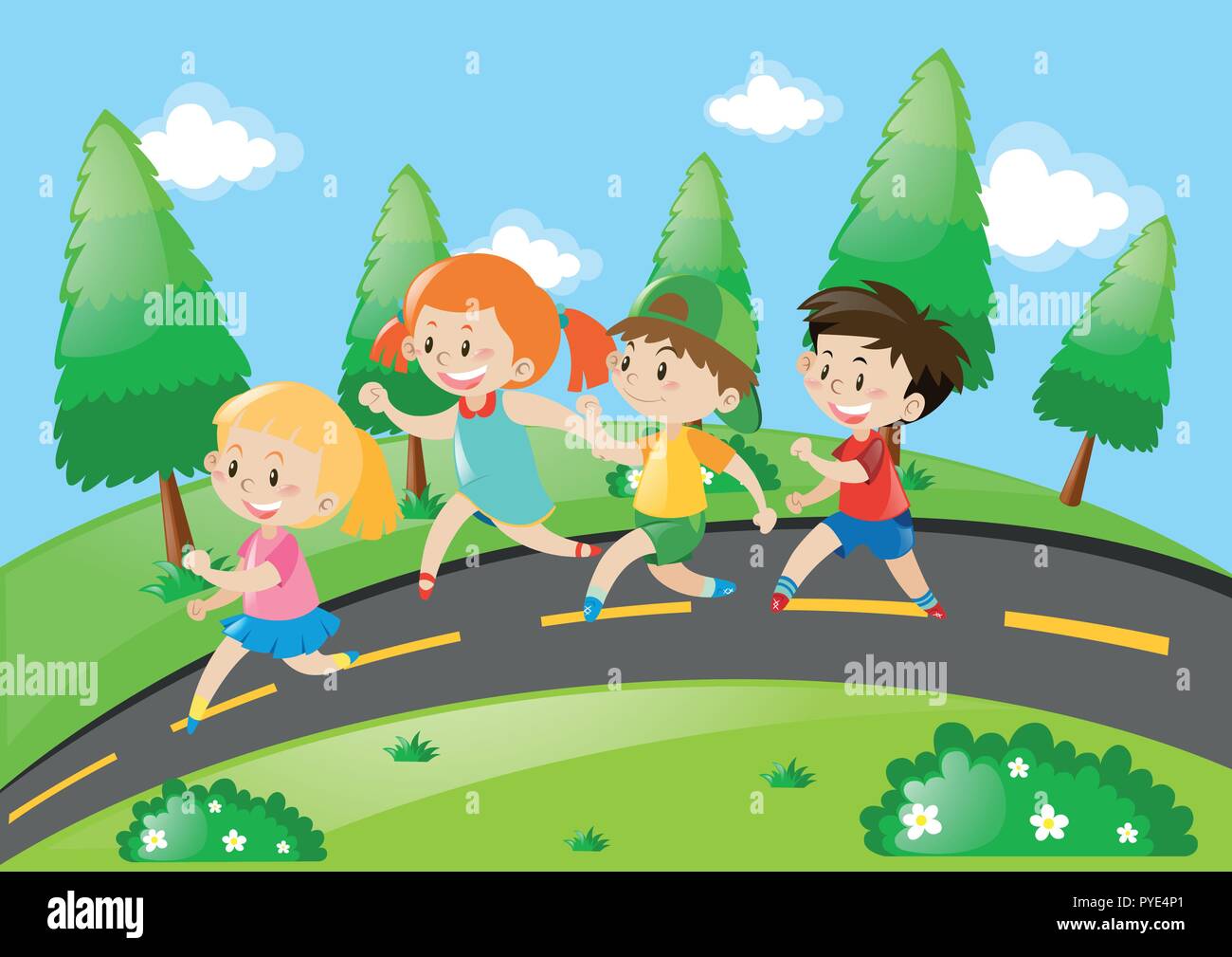 Children running on the road illustration Stock Vector Image & Art - Alamy