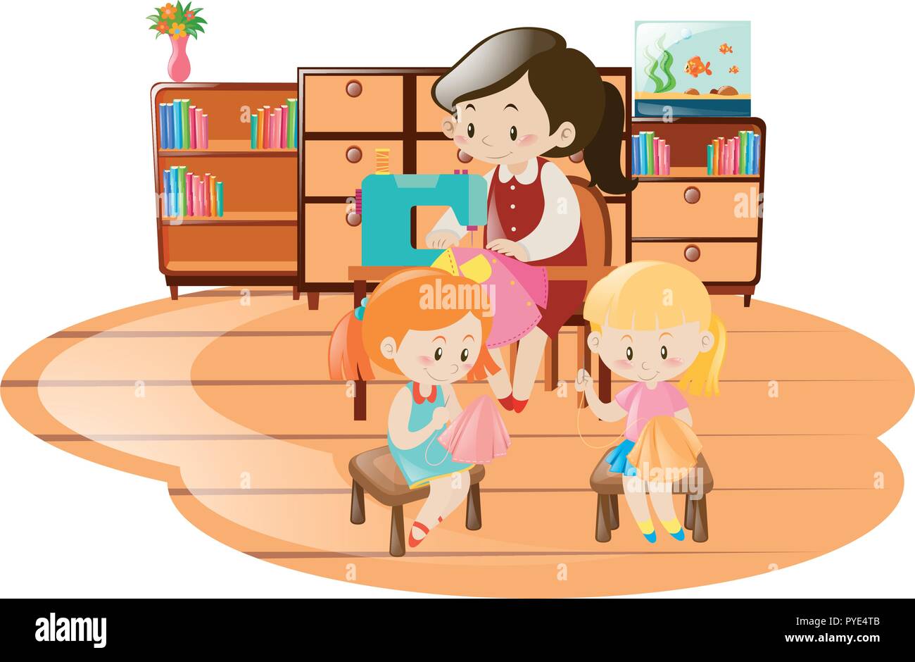 Girls and woman sewing in the room illustration Stock Vector Image ...