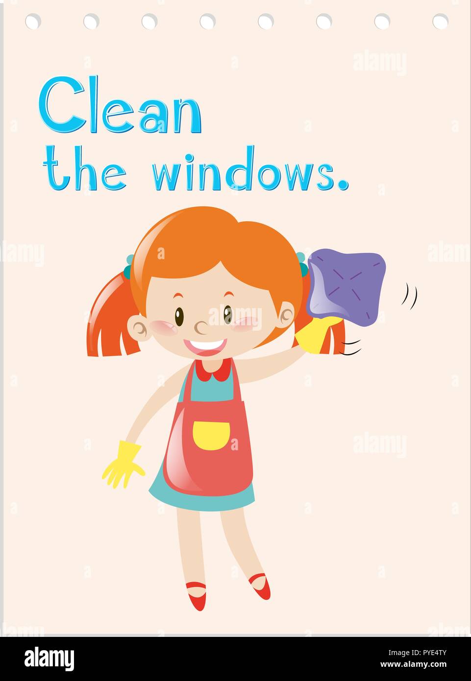 Action verb flashcard with girl cleaning windows illustration Stock ...