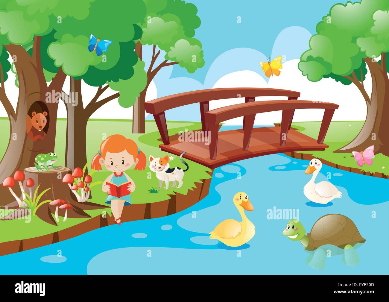 Girl reading book by the river illustration Stock Vector Image & Art ...