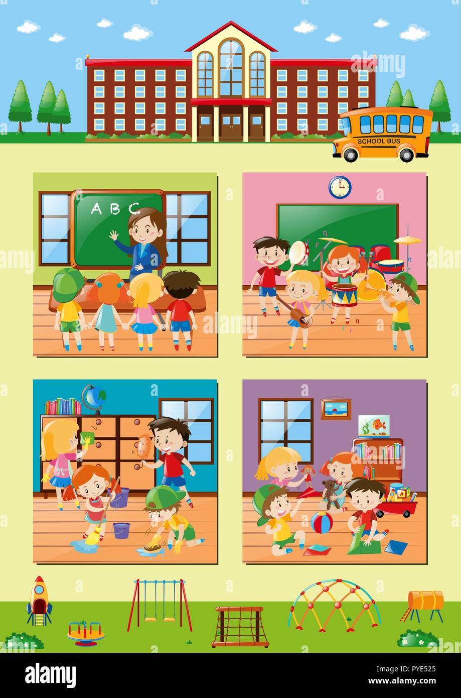 School scenes with teacher and students illustration Stock Vector Image ...