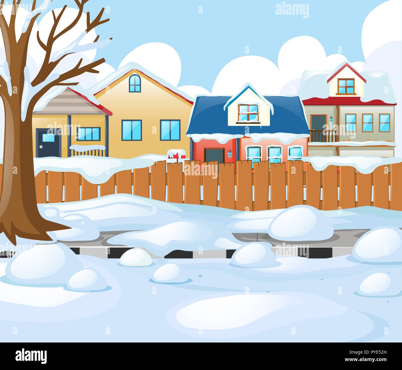 Village scene with snow on the road and houses illustration Stock ...