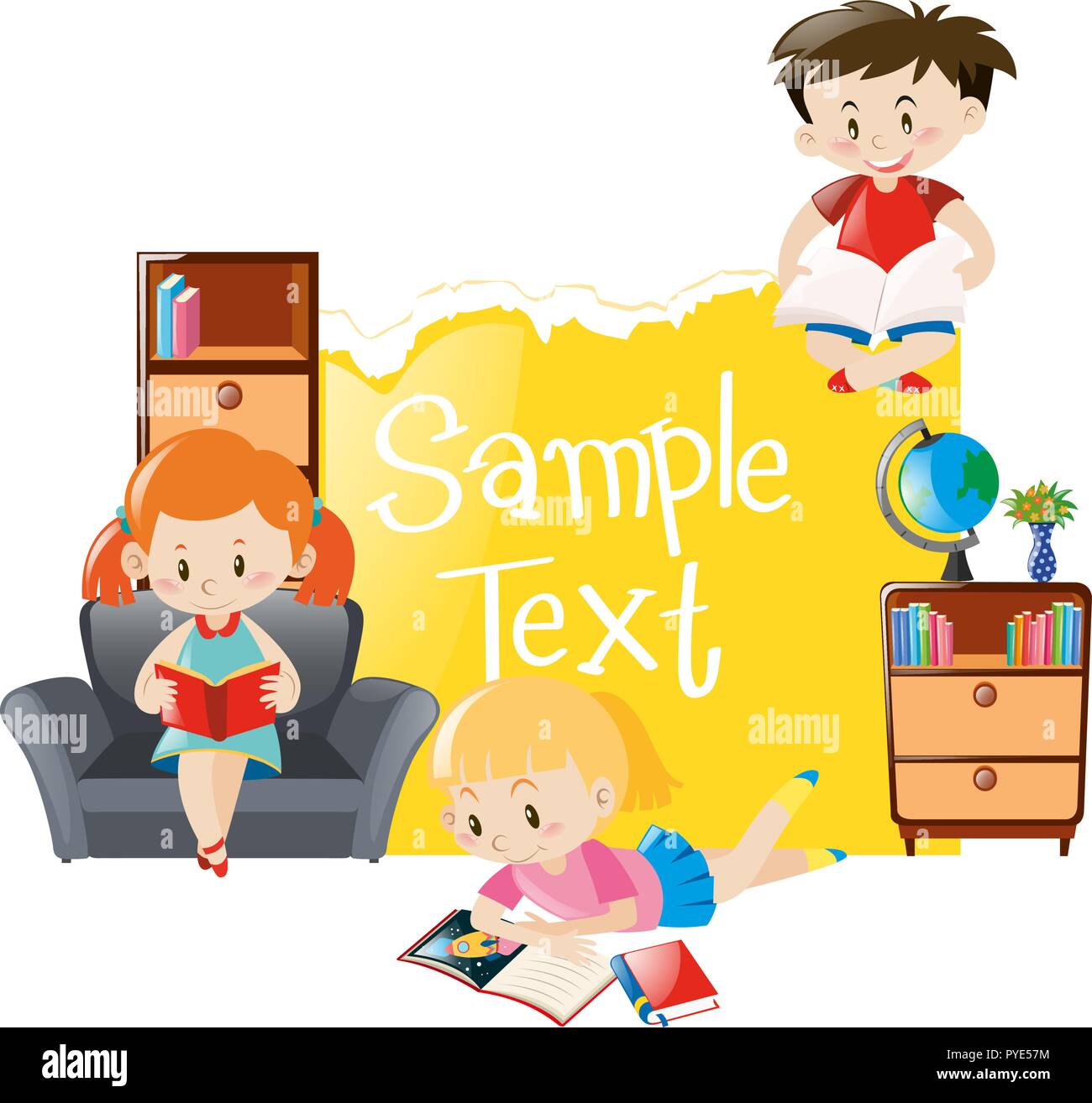 Paper template with three kids reading books illustration Stock Vector ...