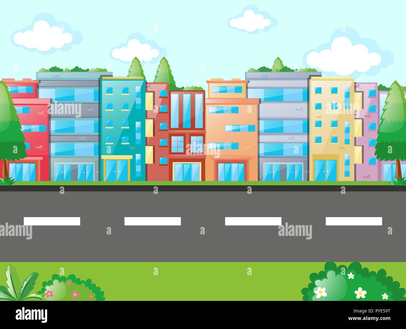 Scene with many buildings along the road illustration Stock Vector ...