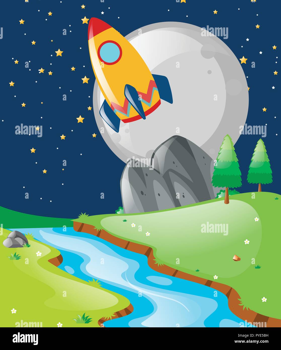 Nature scene with spaceship flying in the sky illustration Stock Vector ...