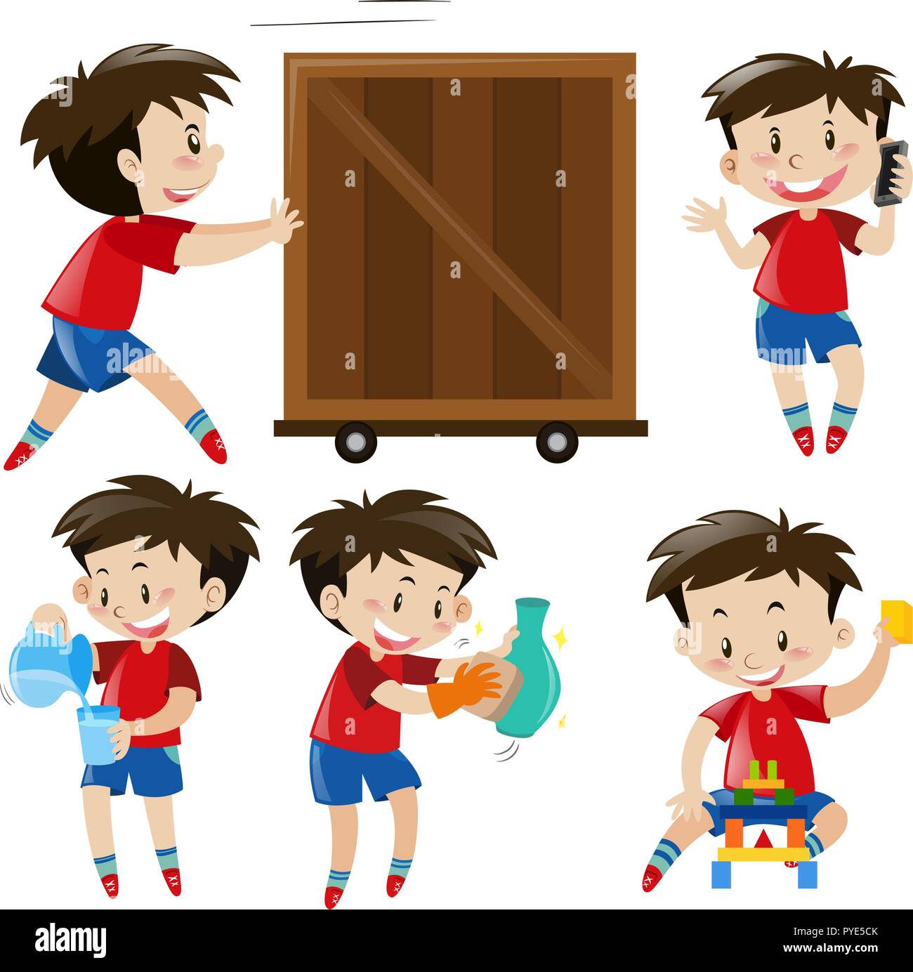 Boy in red shirt doing different things illustration Stock Vector Image ...