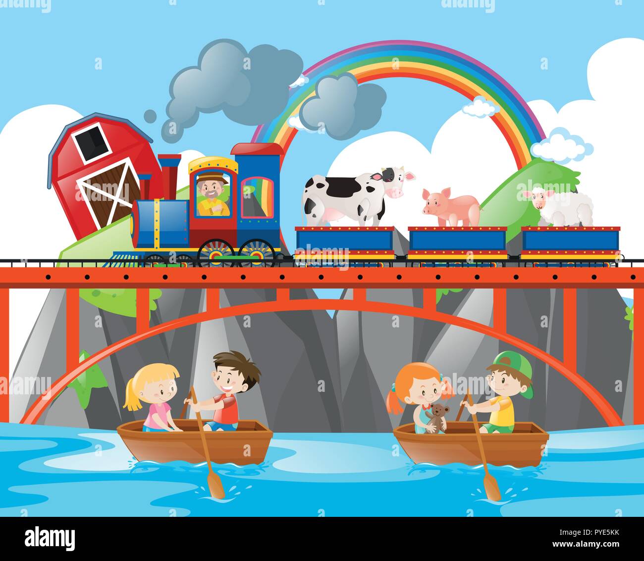 Animals riding on train and kids rowing boats illustration Stock Vector ...