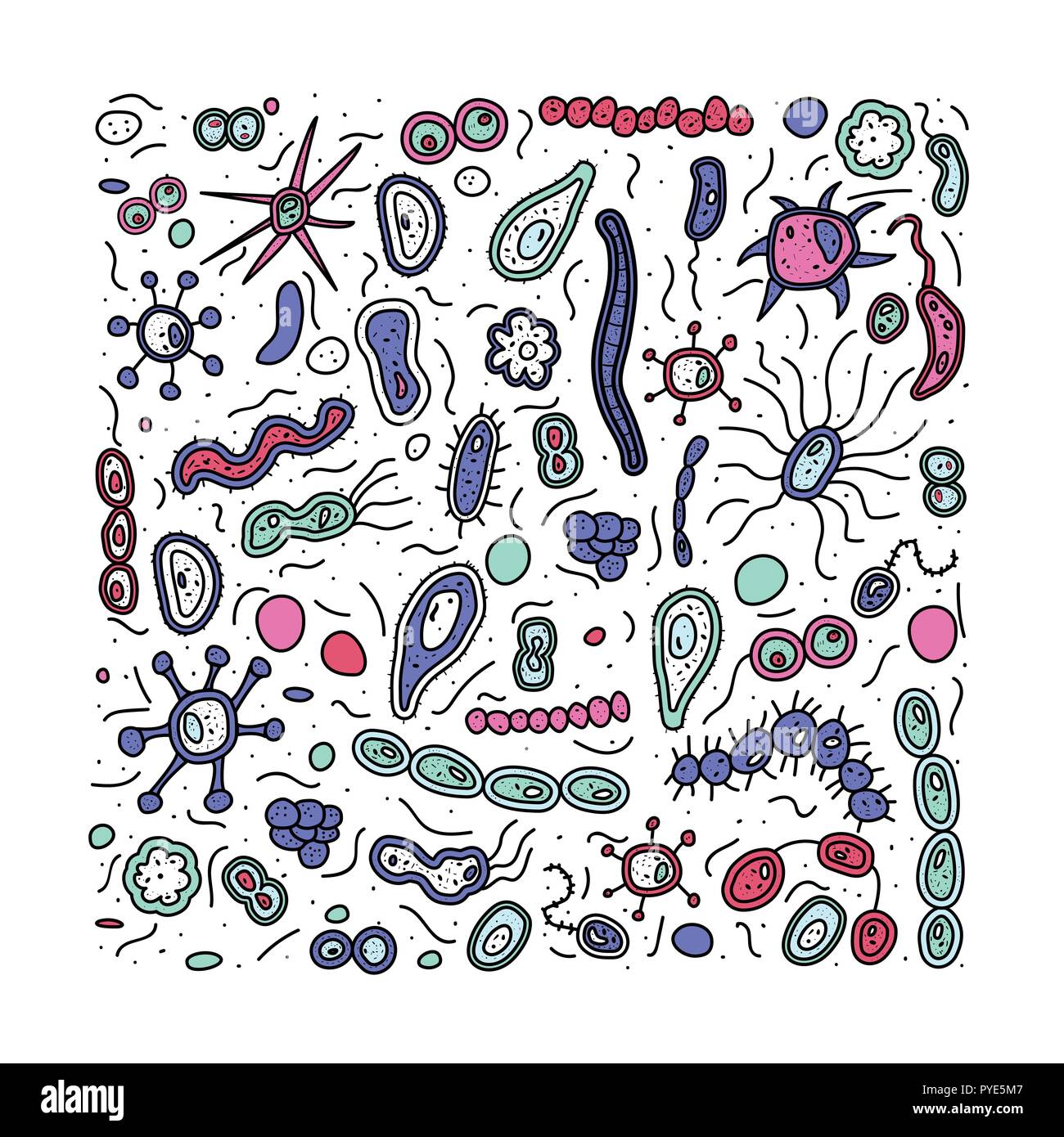 Bacteria cells collection. Set of microorganisms shape. Vector doodle ...