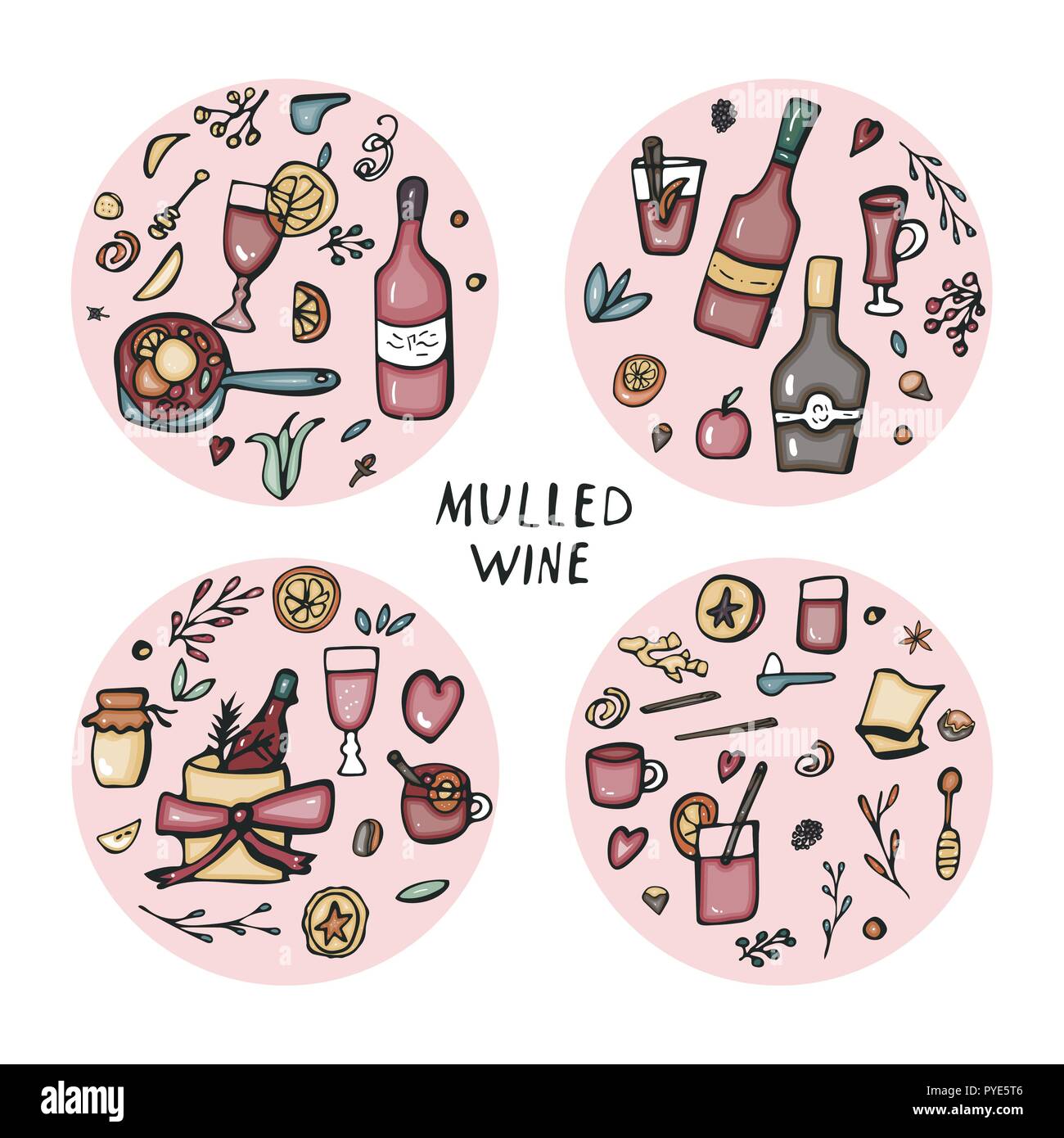 Vector set of round badges mulled wine elements and objects. Circle ...