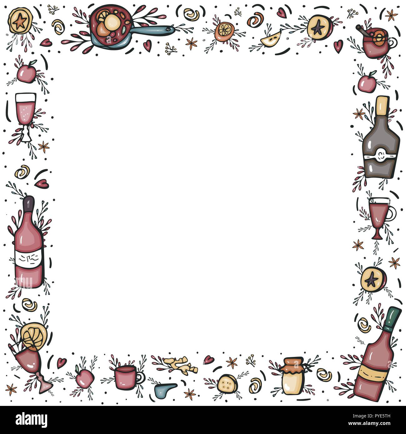 Vector frame of mulled wine elements and objects. Square border ...