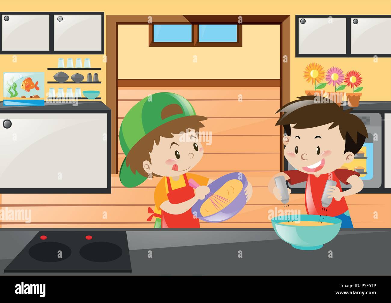 Two boys baking in kitchen illustration Stock Vector Image & Art - Alamy