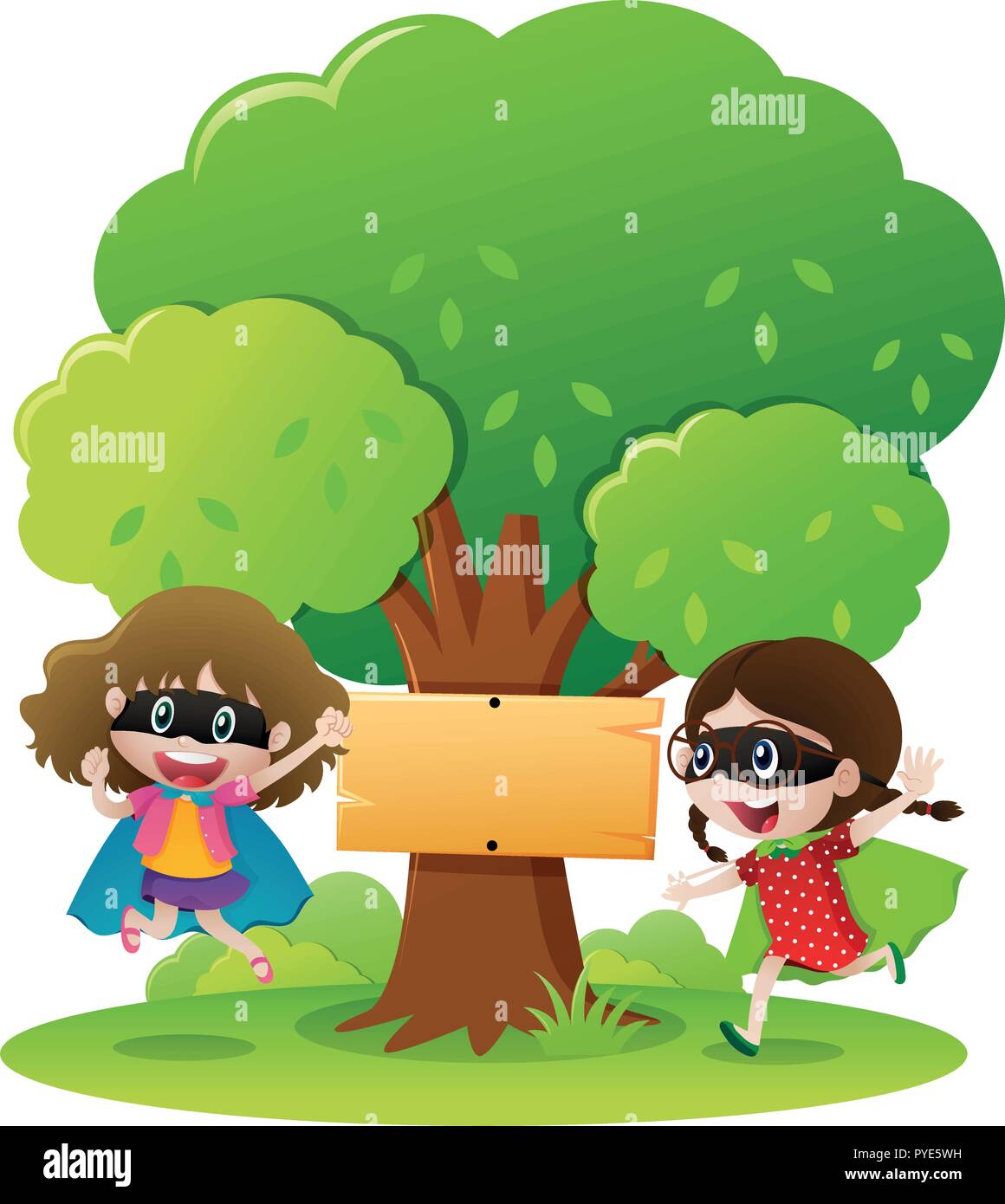 Wooden sign on the tree and two girls illustration Stock Vector Image ...
