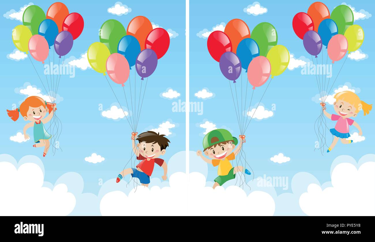 Kids and balloons flying in the sky illustration Stock Vector Image ...