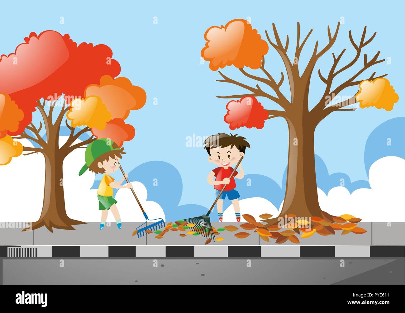 Two boys raking dried leaves on pavement illustration Stock Vector ...