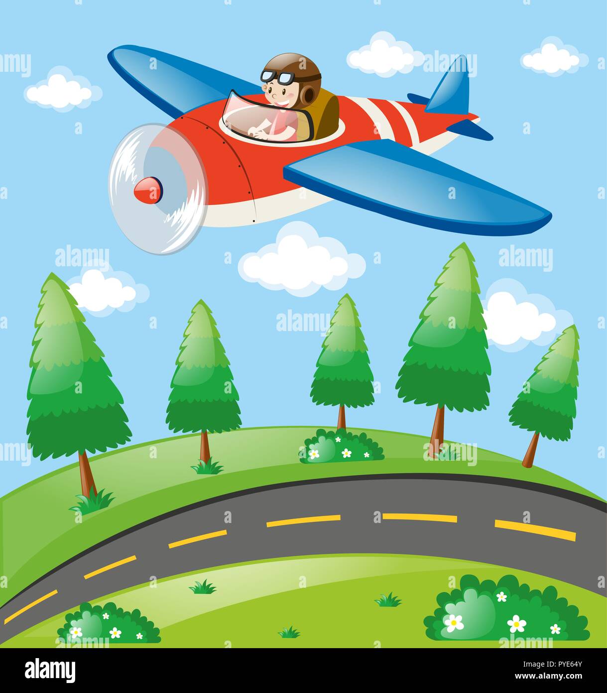 Pilot flying plane over the land illustration Stock Vector Image & Art ...