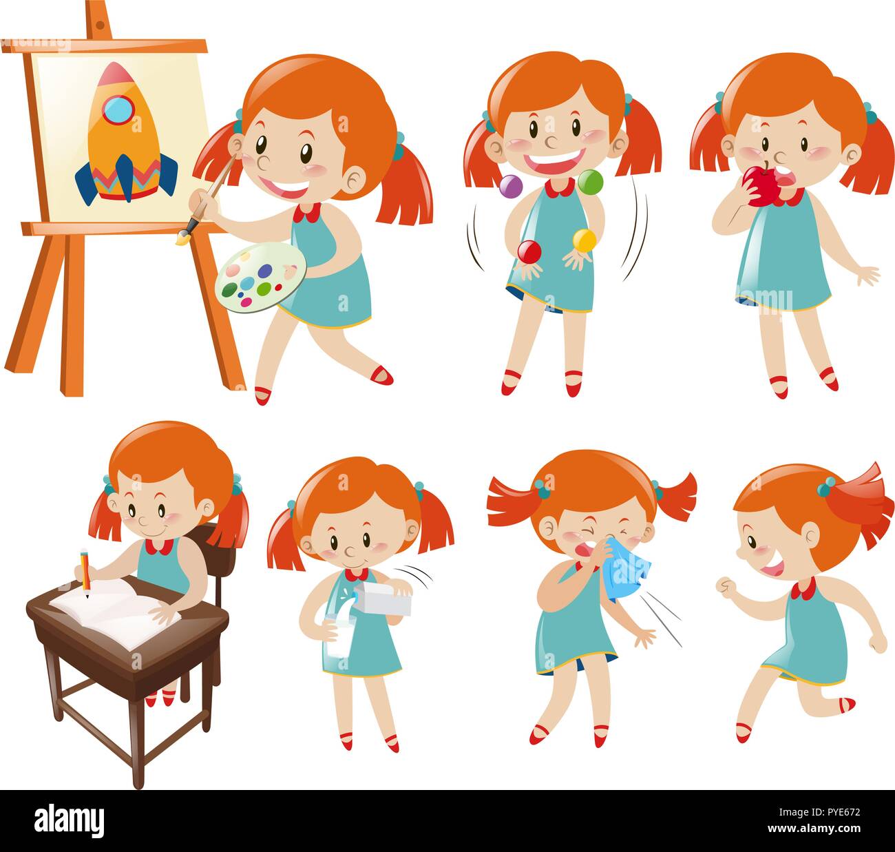 Different actions of little girl in blue illustration Stock Vector ...