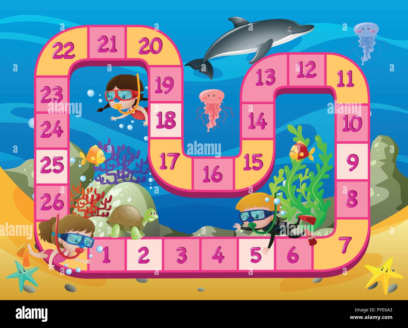 Boardgame template with kids swimming underwater illustration Stock ...