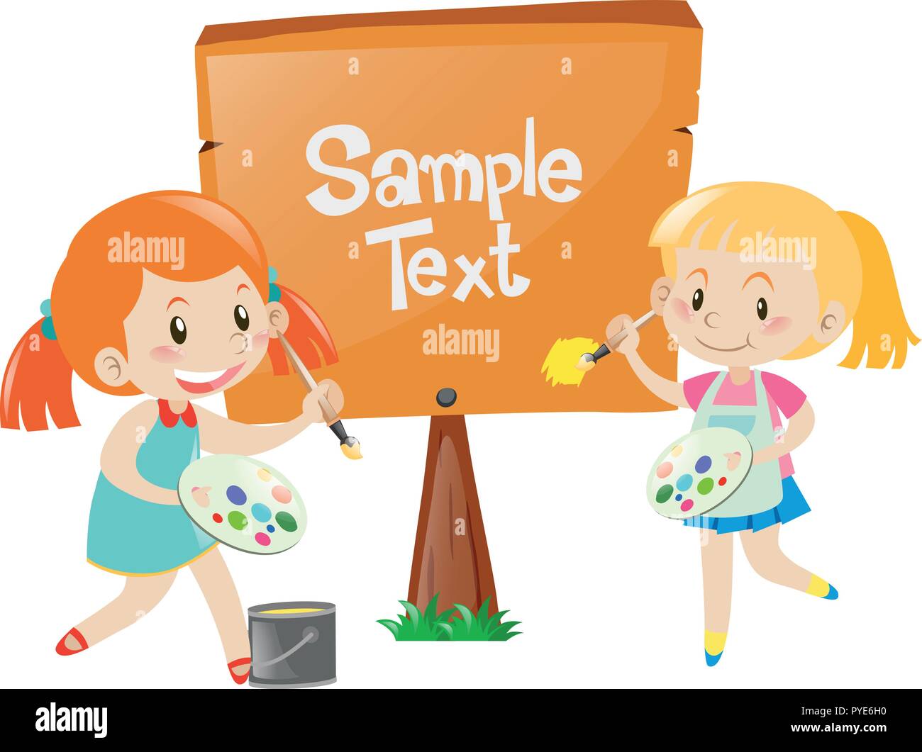 Two kids coloring wooden sign illustration Stock Vector Image & Art - Alamy