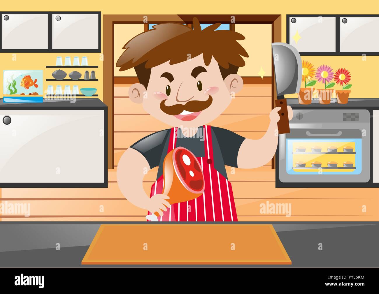 Butcher chopping pork leg in kitchen illustration Stock Vector Image ...