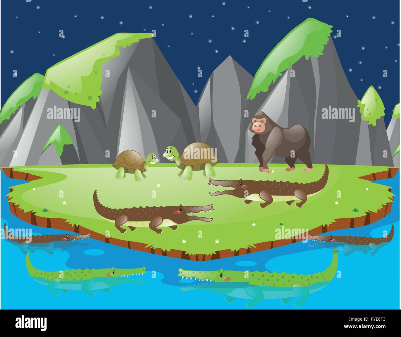 Scene with crocodiles and other animals on island illustration Stock ...