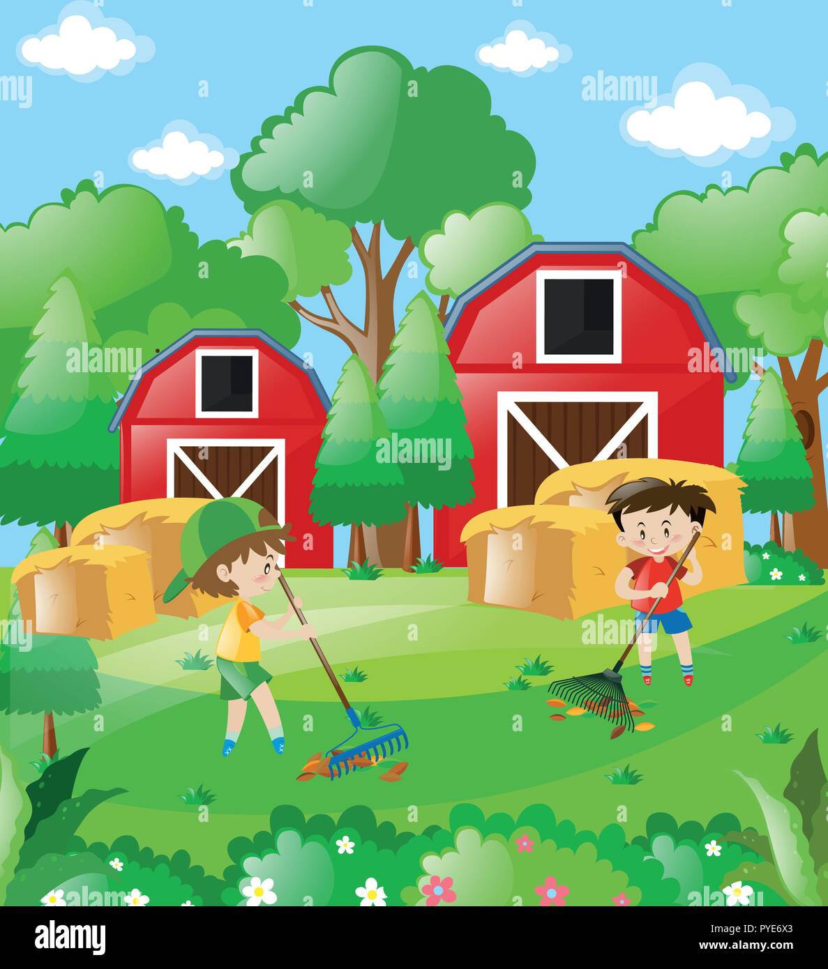 Two boys raking dried leaves in farm illustration Stock Vector Image ...