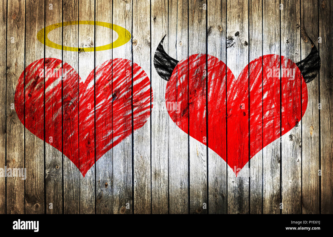Valentines day background wih two hearts - devil and angel Stock Photo ...