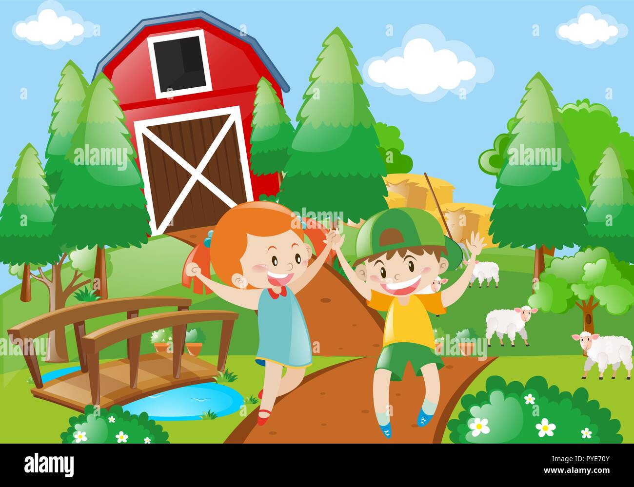 Boy and girl playing in the farmyard illustration Stock Vector Image ...