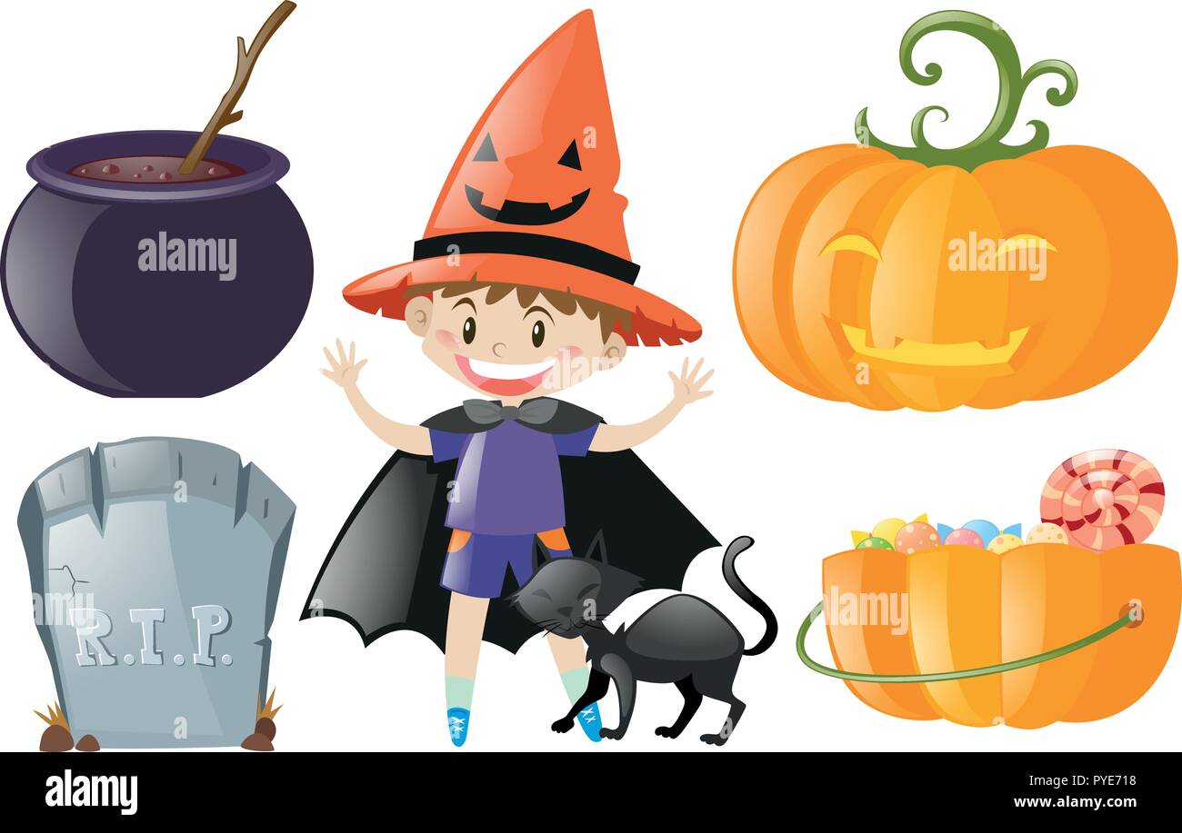 Halloween set with boy in costume and pumpkin illustration Stock Vector ...