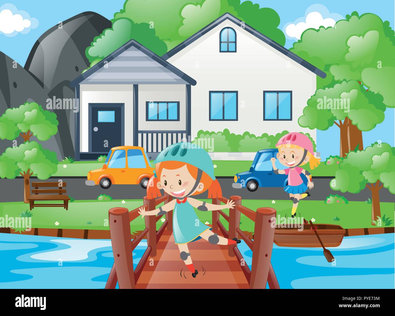 Two girls skating in neighborhood illustration Stock Vector Image & Art ...