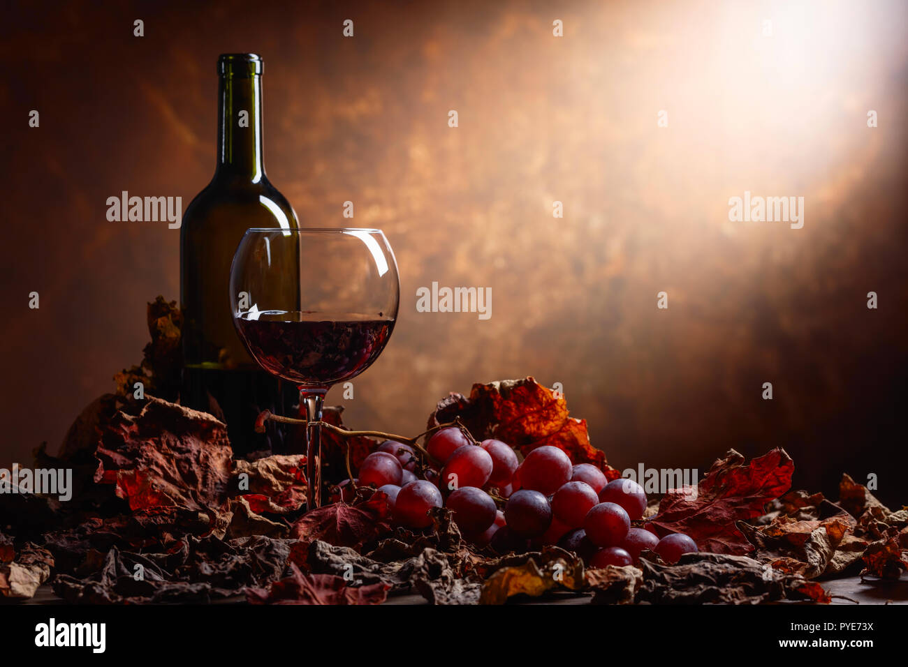 Glass and bottle of red wine on a table with grapes and dried up vine ...