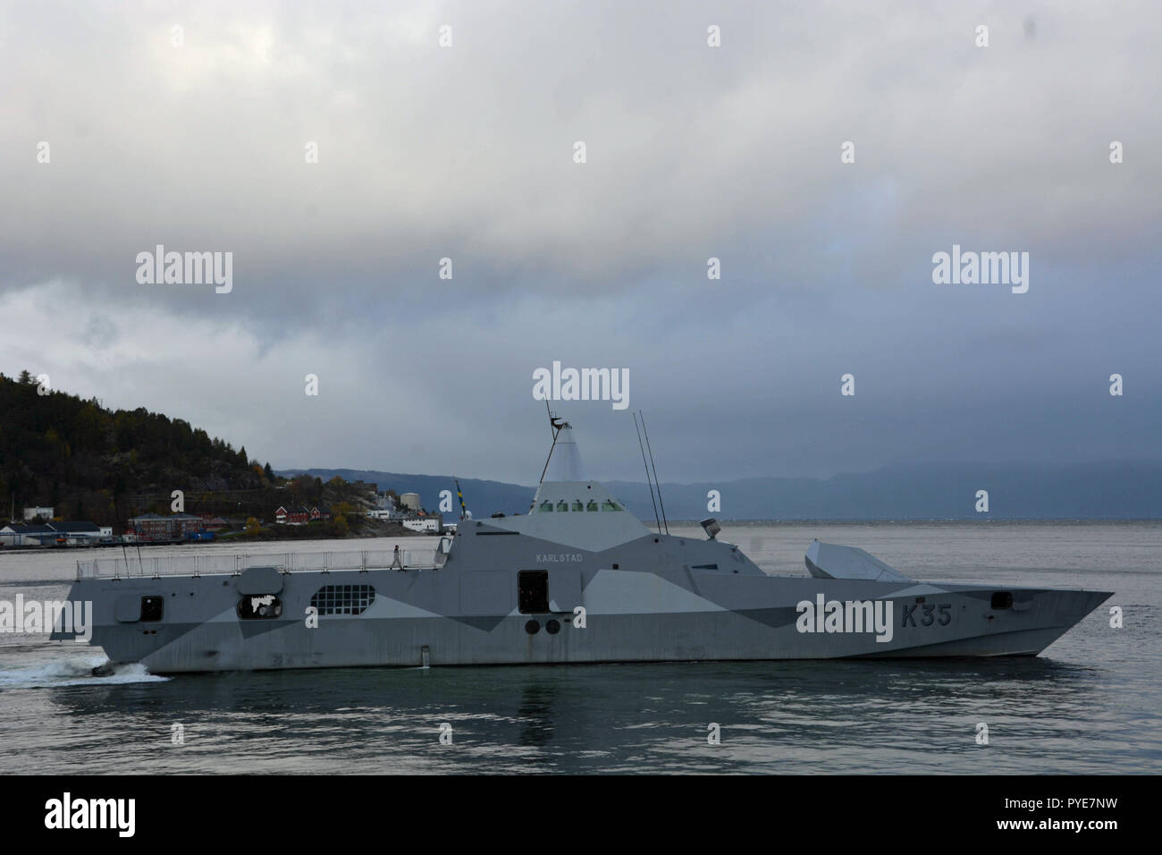 Swedish corvette HSwMS Karlstad gets underway from Trondheim, Norway ...