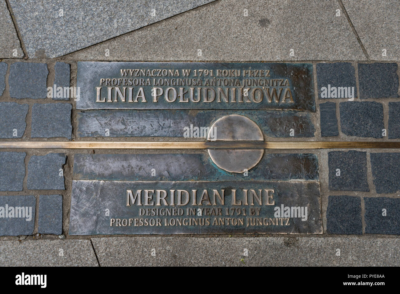 View of a pavement block notifying passersby of the 17th Meridian which ...