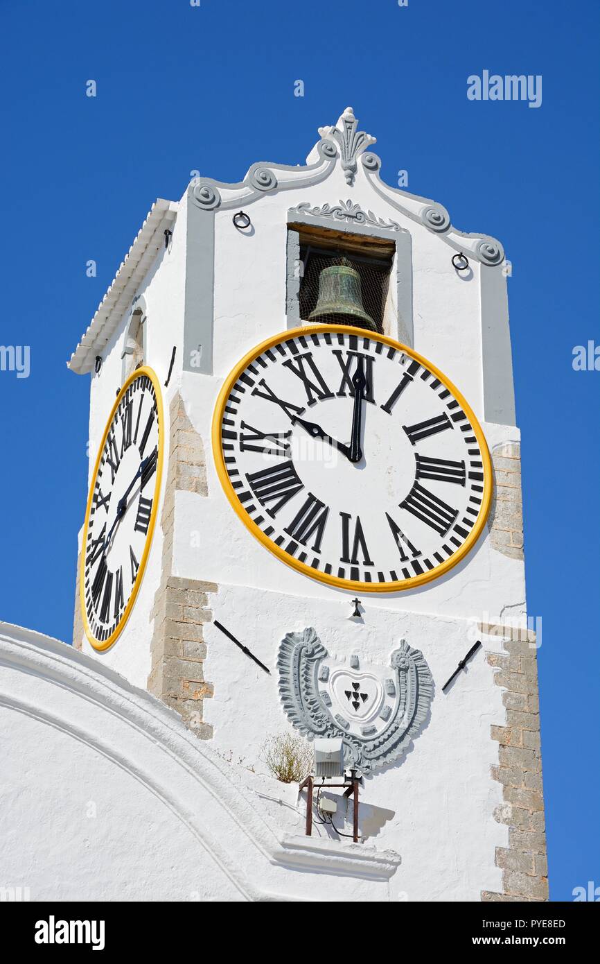 View of the St Marys church (Igreja de Santa Maria do Castelo) clock ...