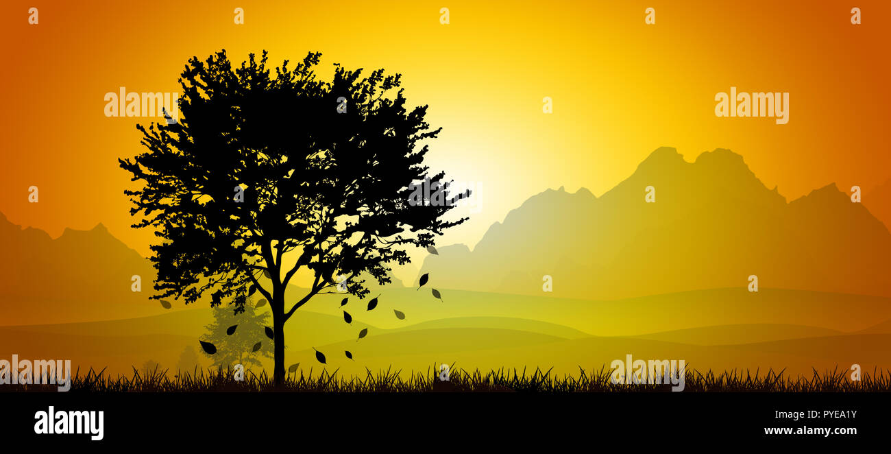 autumn landscape banner with falling leaves and mountains Stock Photo ...