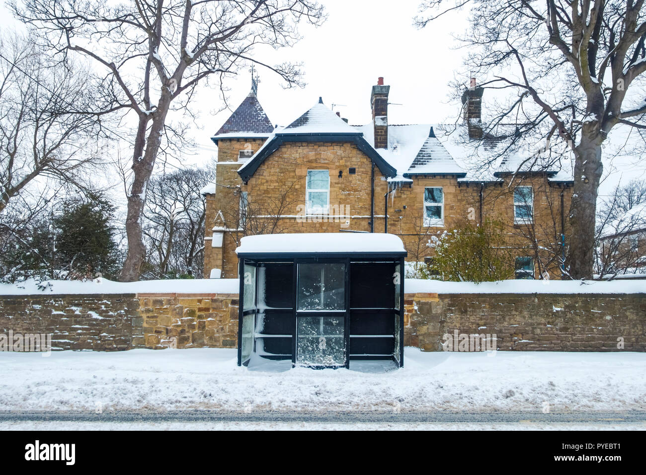 Modern steel and perspex bus stop or shelter at the side of a road ...