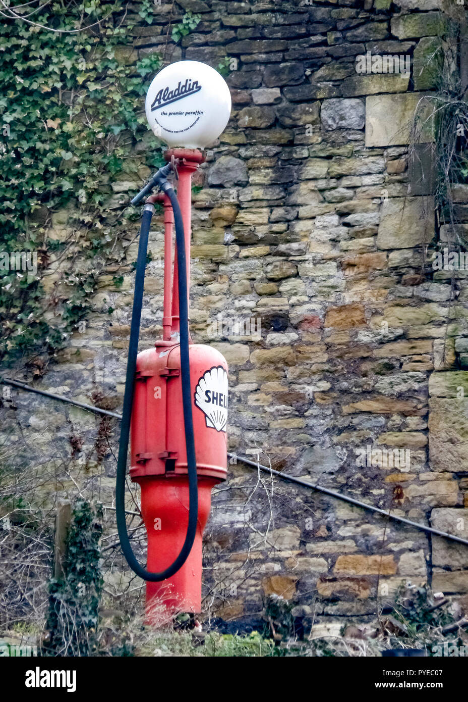 Old vintage Aladdin Shell paraffin pump, Consett, UK, County Durham ...
