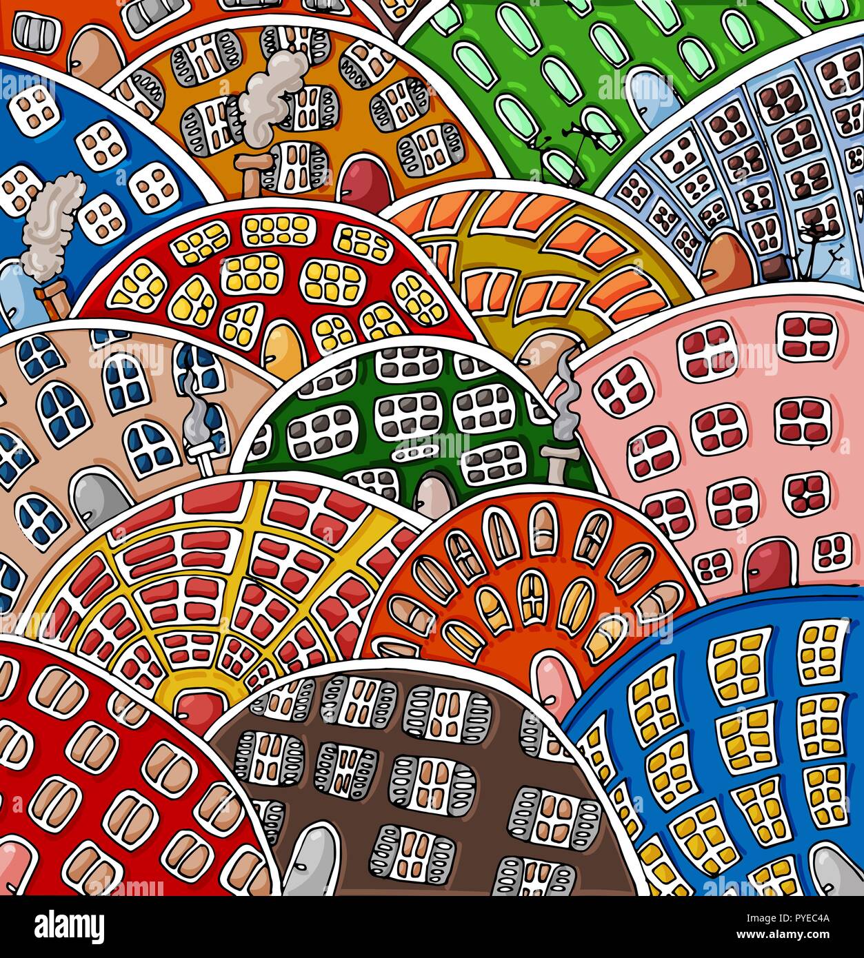 Set of doodle cute houses. Cozy cartoon hand drawn buildings in bright ...