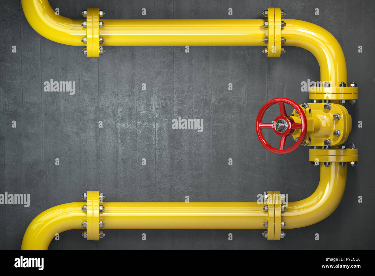 Gas pipeline valve on a wall. Space for text. Gas pressure control. 3d ...