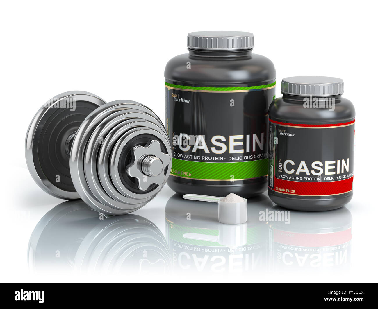 Casein protein with scoop and dumbbell.Bodybuilder nutrition(supplement ...