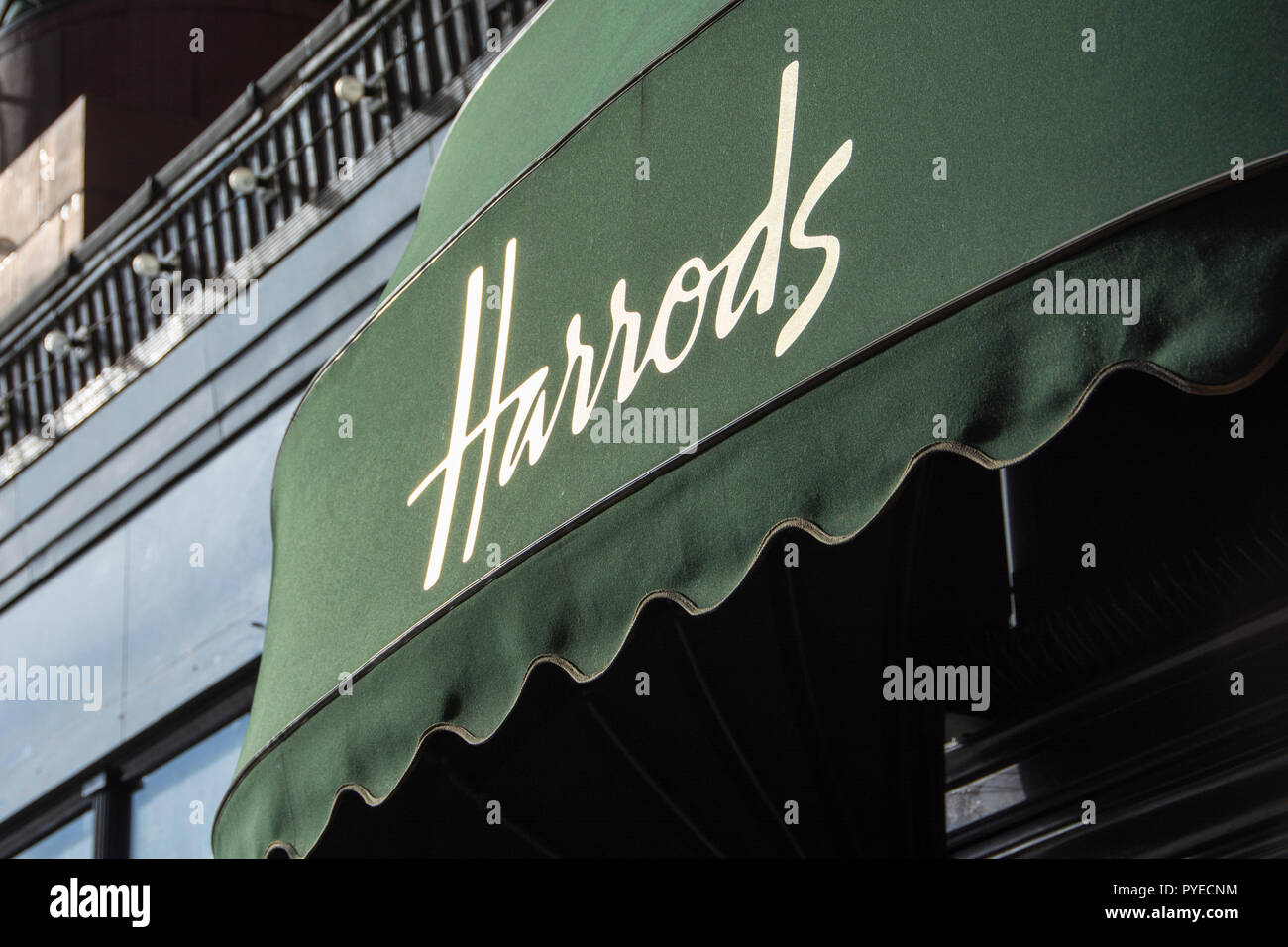 Harrods department store awnings in trademark green in Knightsbridge ...