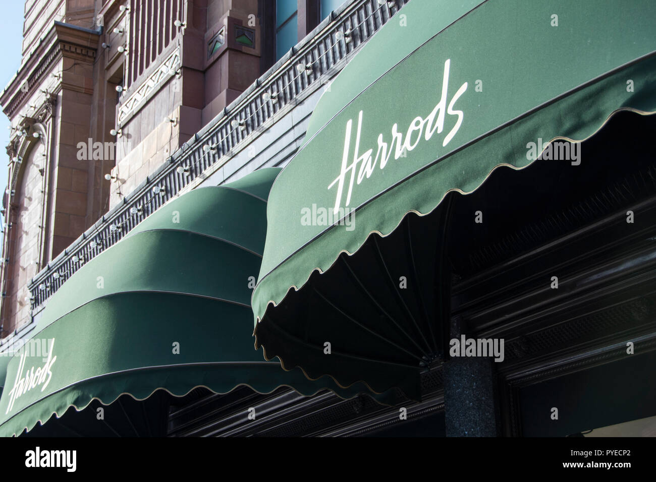 Harrods department store awnings in trademark green in Knightsbridge ...